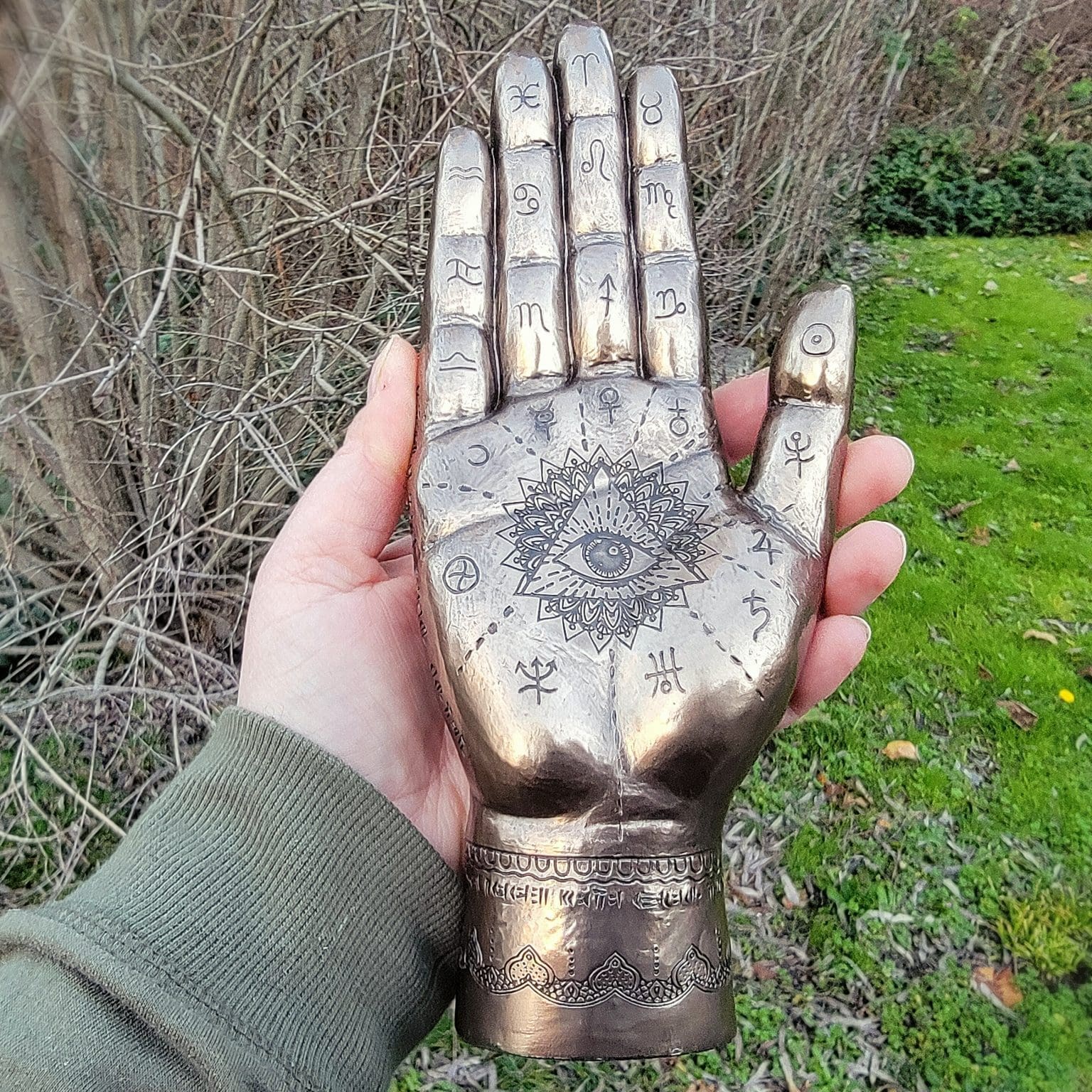 Bronze Hamsa Palmistry Hand, Protection and Good luck Statue - Oddities ...