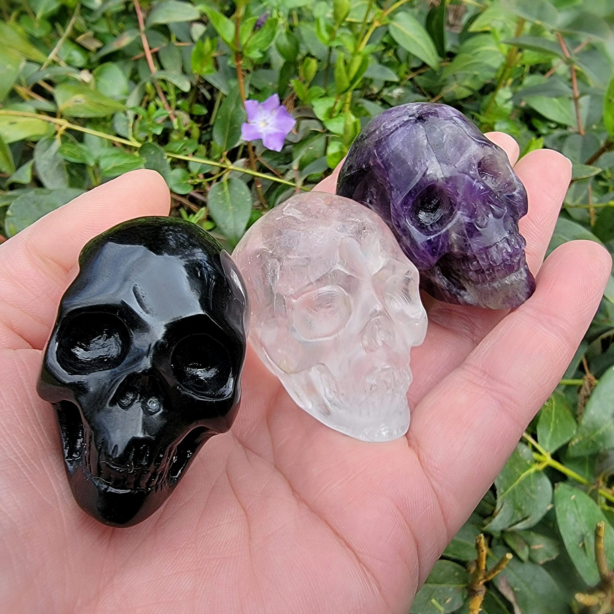 2" Set Hand Carved Skulls, Obsidian, Quartz, Amethyst - Oddities For Sale has unique
